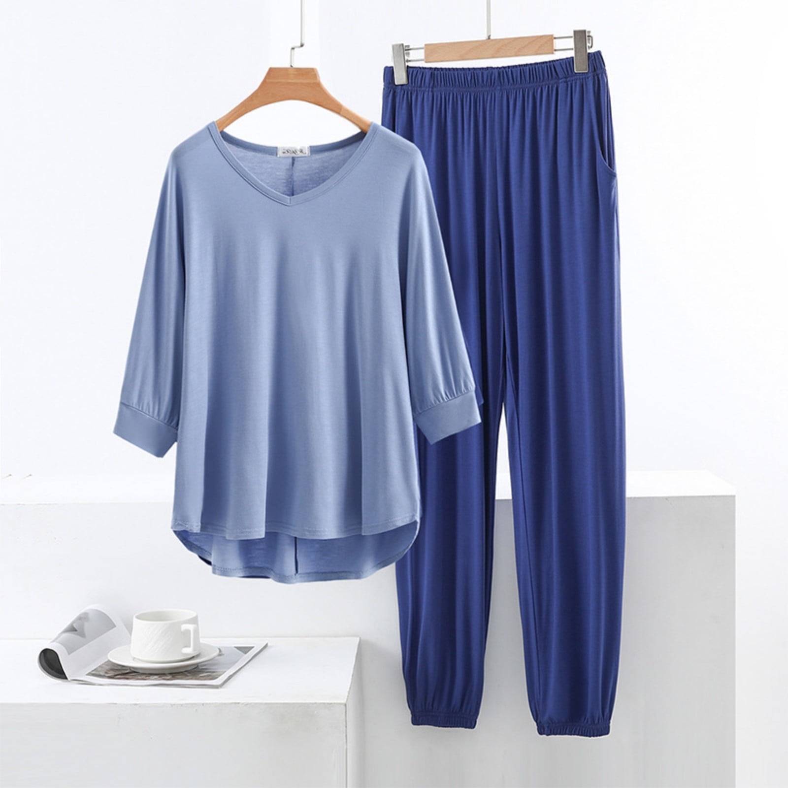 Aobny Modal Pajama Set Women with Pocket Blue Nightwear Jogger Elbow ...