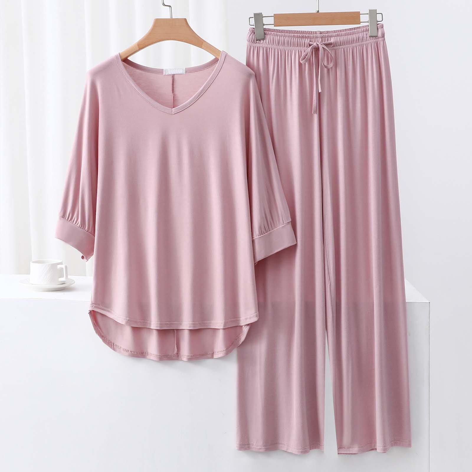 Aobny Modal Pajamas Women Solid Drawstring Sleepwear Sets V-Neck 3/4 ...