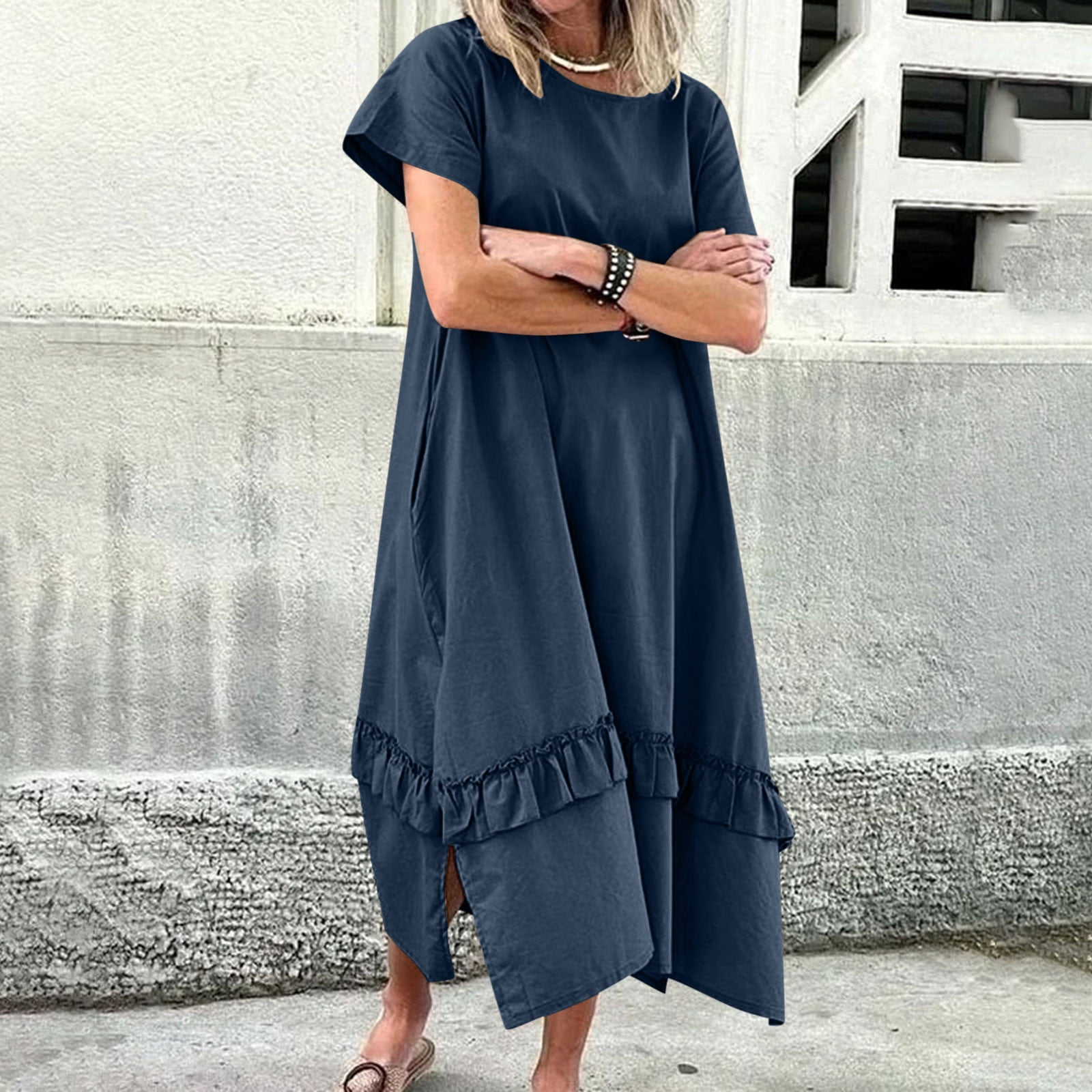 Aobny Modest Party Dresses Blue Flowy Shift Midi Ruffle Short Sleeve ...