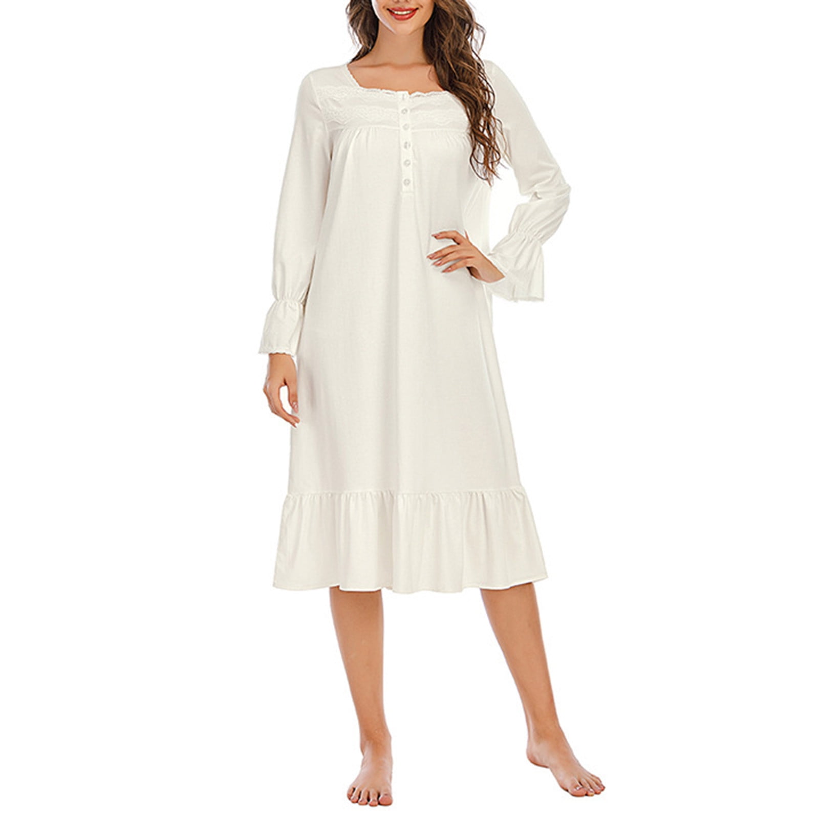 Aobny Moomoo Comfy Nightgowns for Women's White Cotton Nightgowns Square Neckline Long Sleeve ...