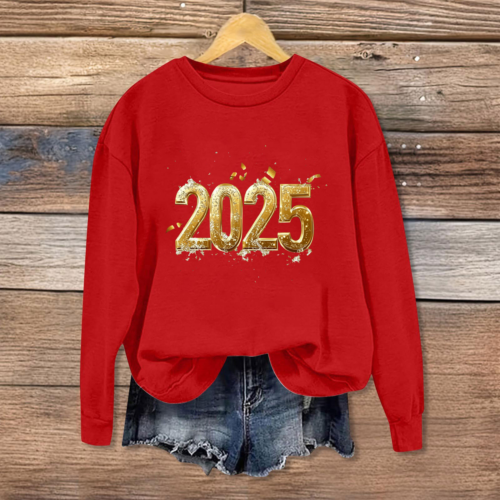 Aobny New Year Oversized Womens Sweatshirts Red Crew Neck Polyester ...