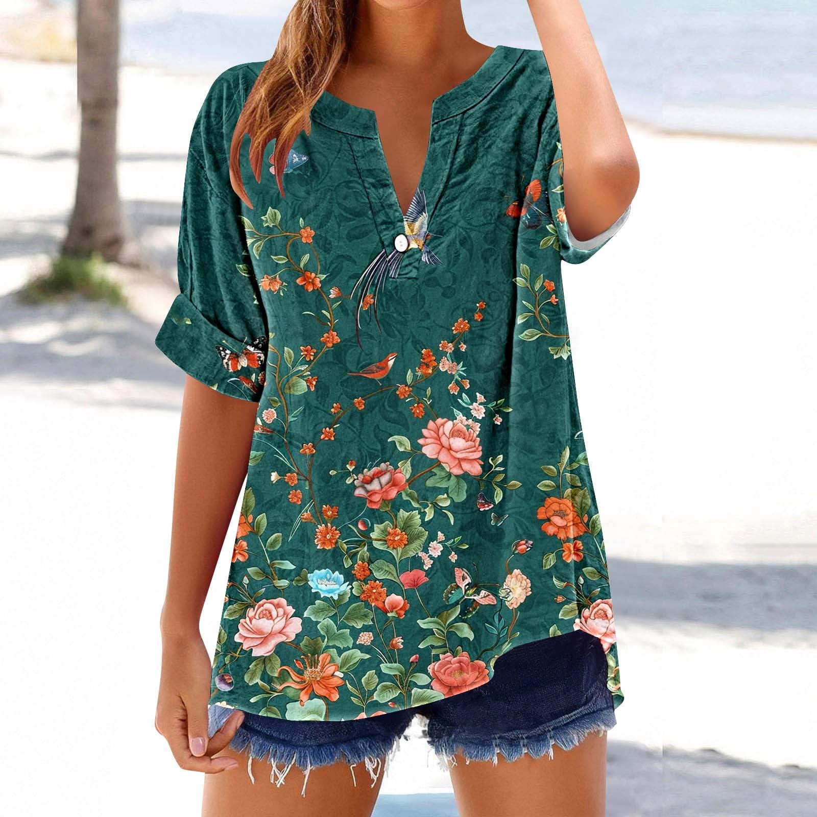 Aobny Night Out Tops for Women Lightweight Floral T-Shirt Short Sleeve ...