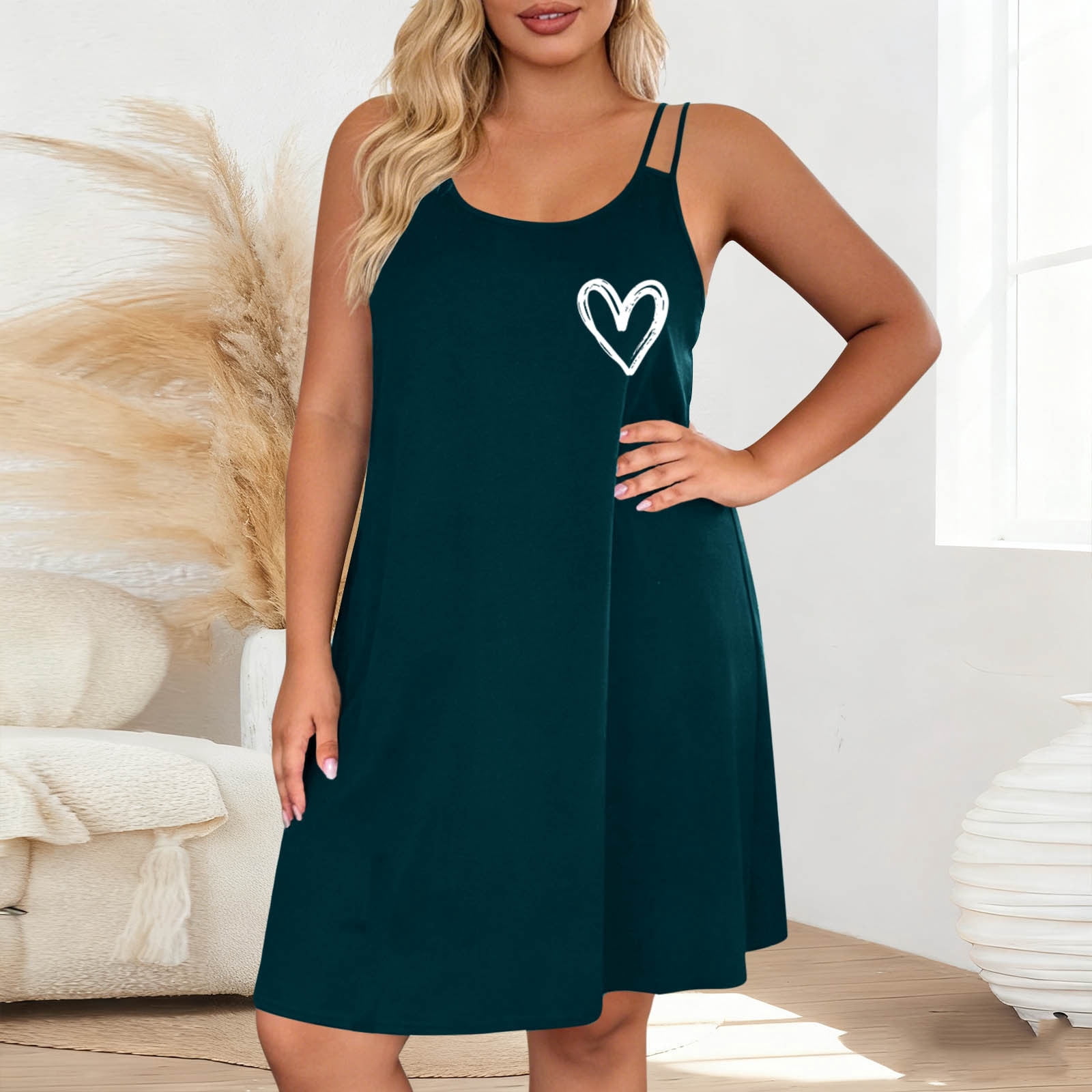 Aobny Nightgown Valentine's Day Sleeveless Heart Womens Loungewear Blue ...