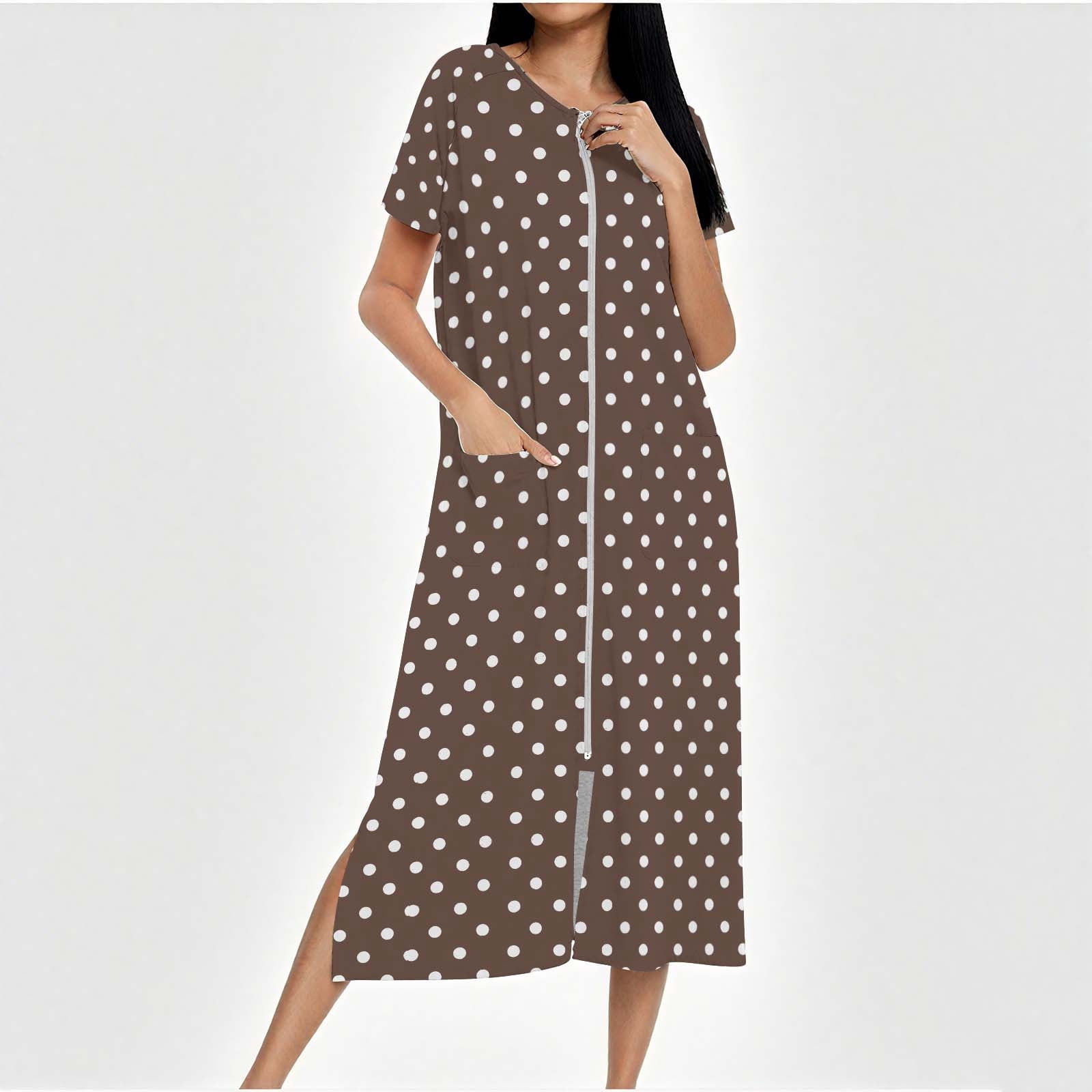 Aobny Nightgown for Lady Polka Dots Zip-Up Night Gown Long Short Sleeve ...
