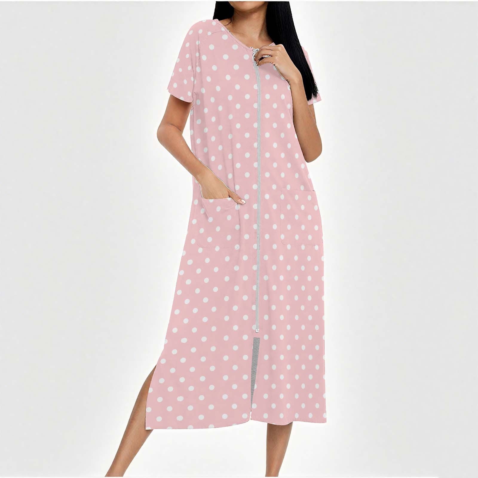 Aobny Nightgown for Women Zip-Up Polka Dots Nightgowns Pink Crew Neck ...