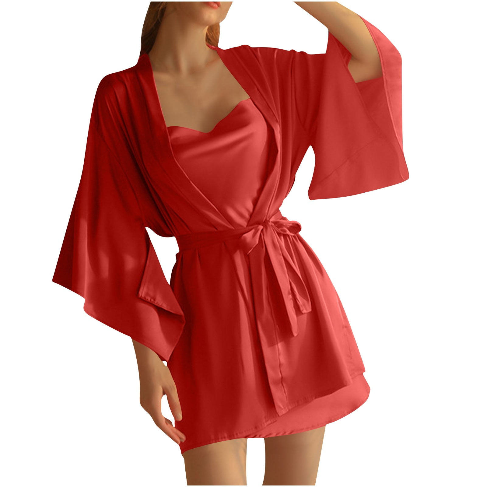 Aobny Nightgown with Robe Womens Summer Pajamas Satin Red Sets V-Neck ...