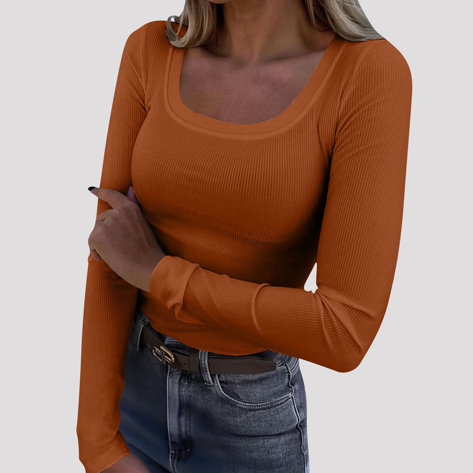 Aobny Orange Plus Size Fall Tops Women Long Sleeve Crew Neck Basic ...