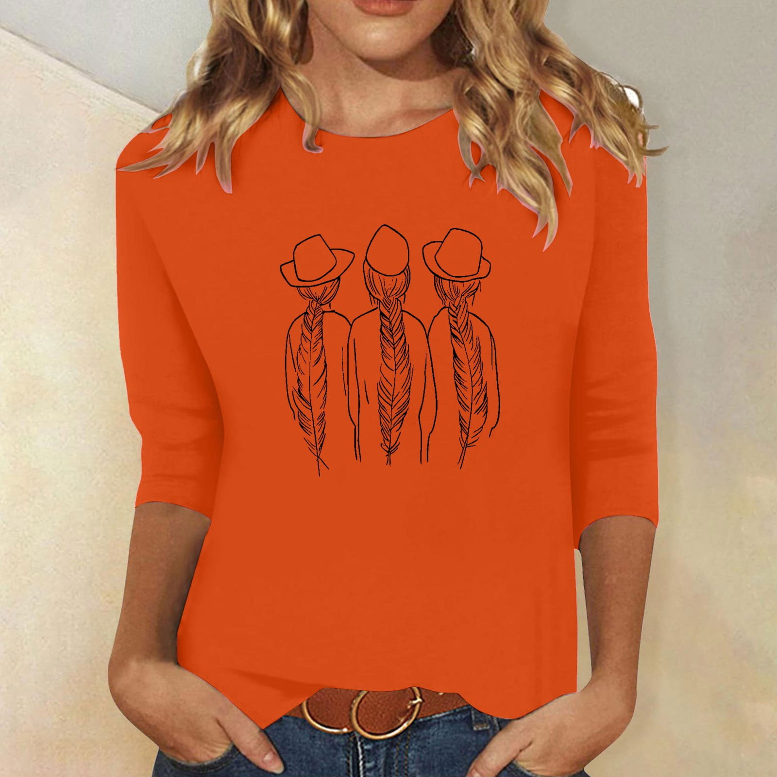 Aobny Oversized Cute Womens Tops Graphic Orange Blouses 3/4 Sleeve Crew ...
