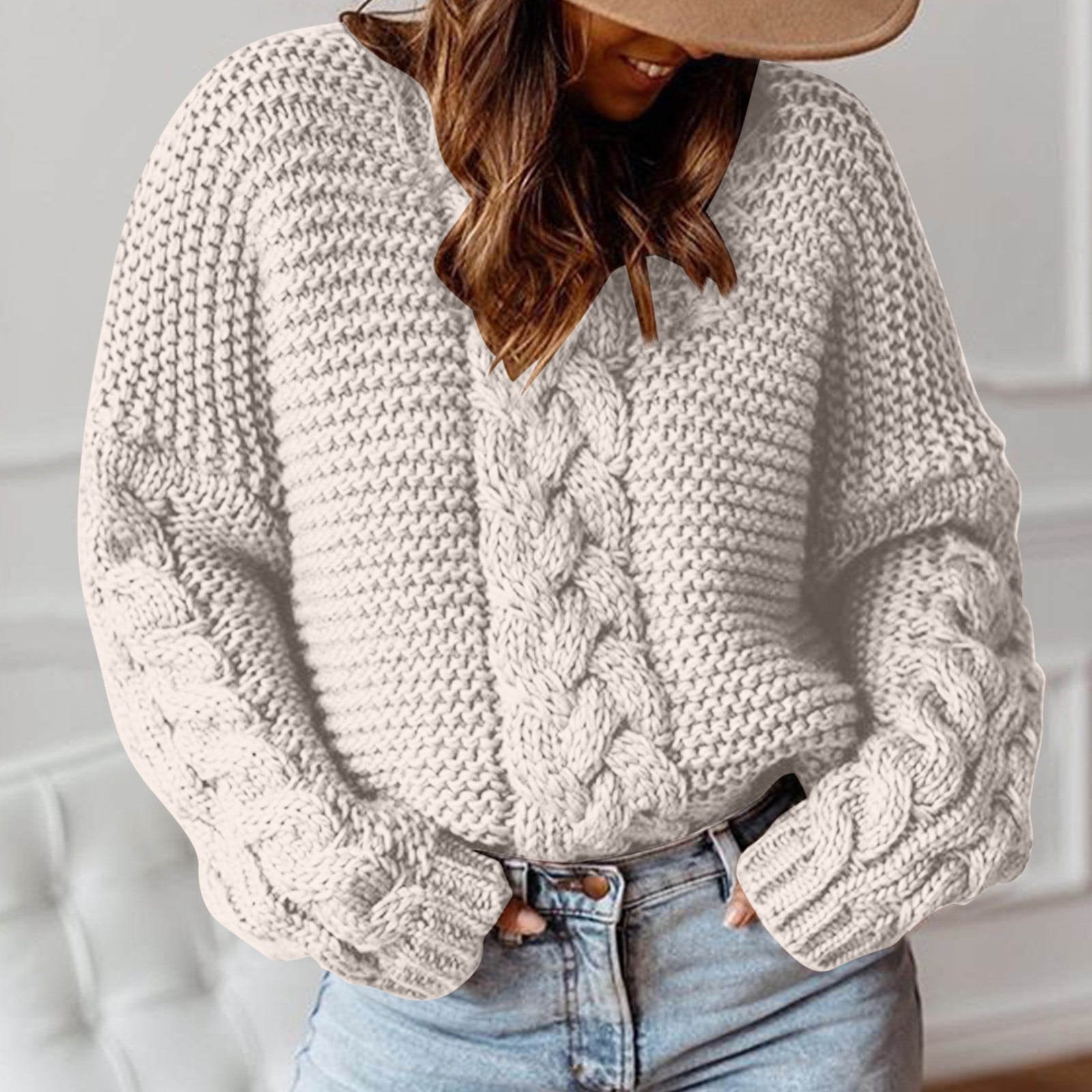 Aobny Oversized Trendy Sweaters for Women Beige Solid Cable Knit V-Neck Long Sleeve Pullover ...