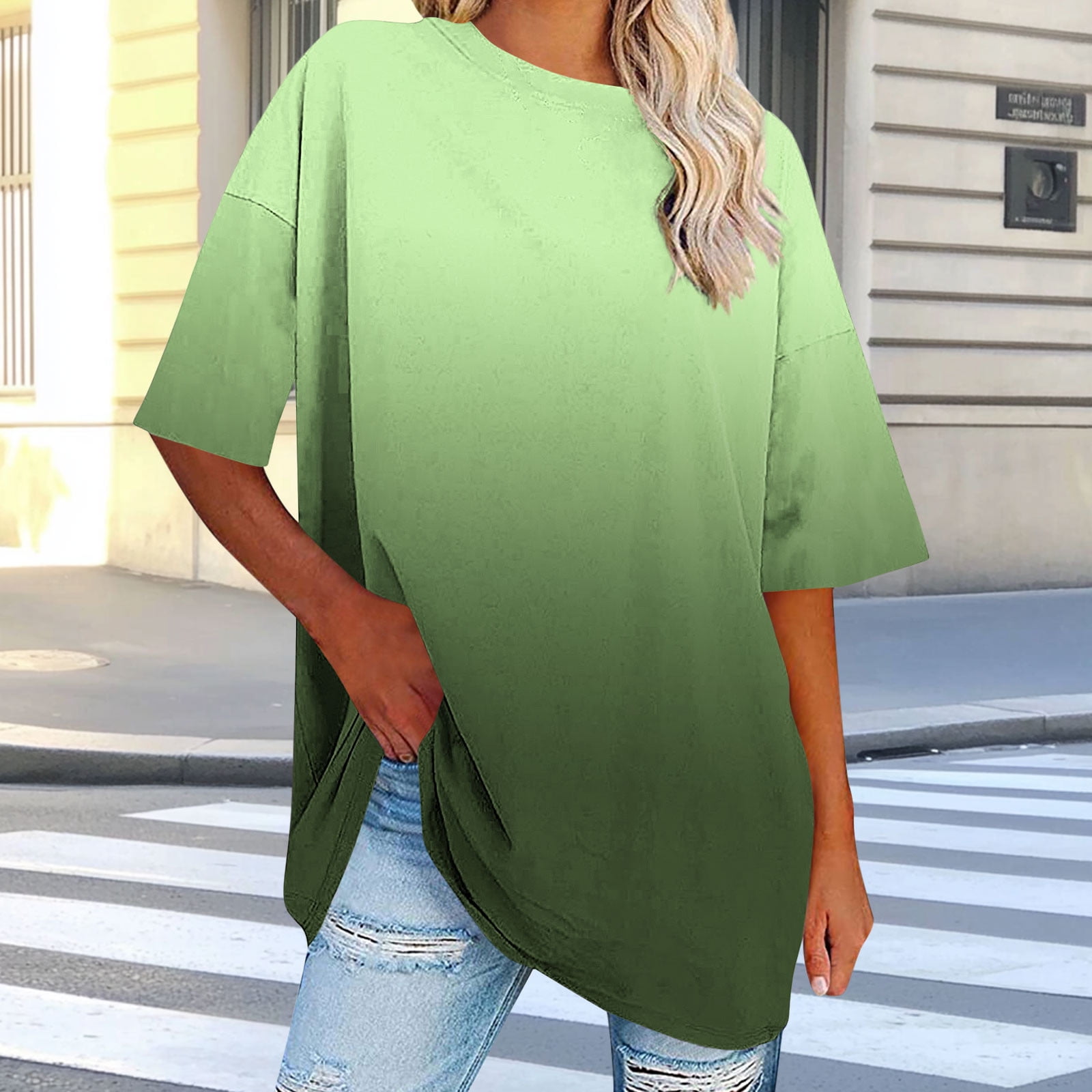 Aobny Oversized Womens Spring Tops 2025 Green Tunic T-Shirt Plus Crew ...