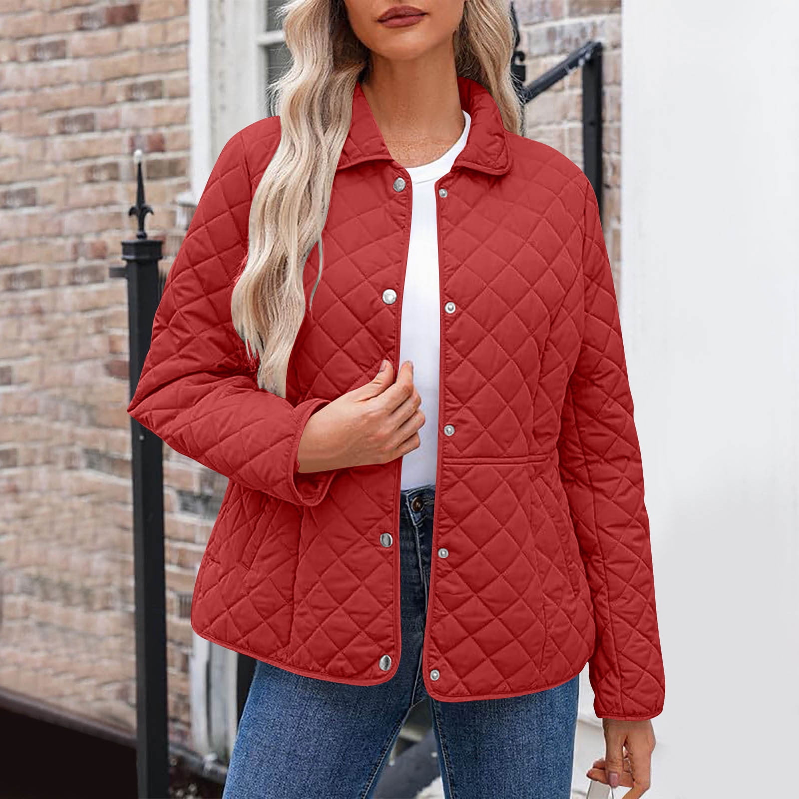Aobny Padded Outfits for Women Long Sleeve Red Button Up Jacket ...