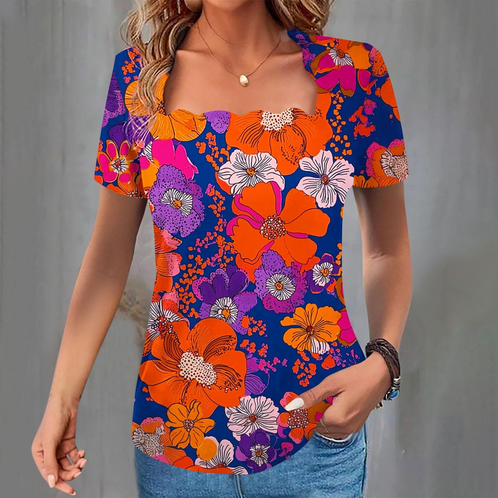Aobny Pink Cute Tops for Women Going Out Boho T-Shirt Square Neckline ...