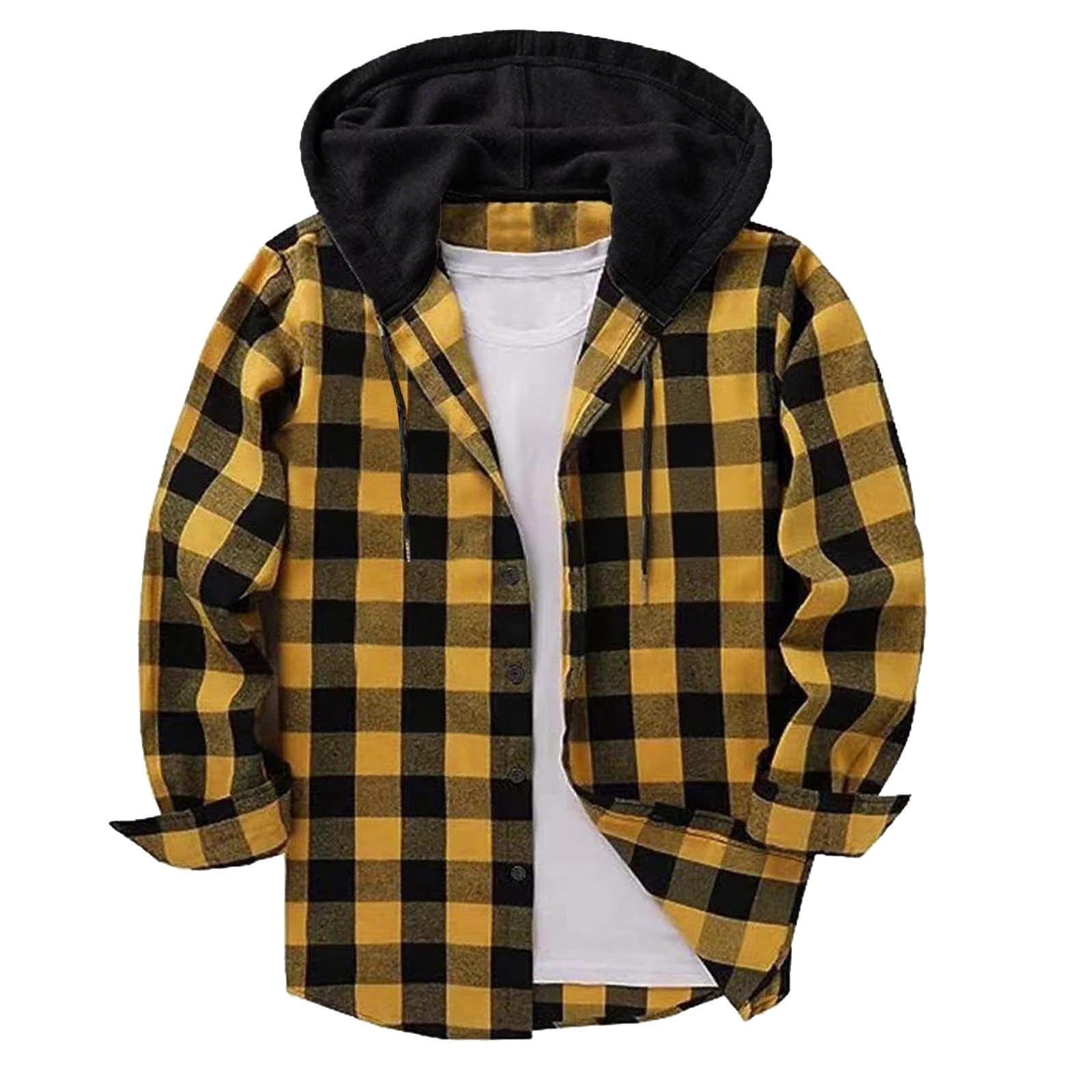 Aobny Plaid Muscle Shirts for Men Button Up Hoodie Hooded Yellow ...