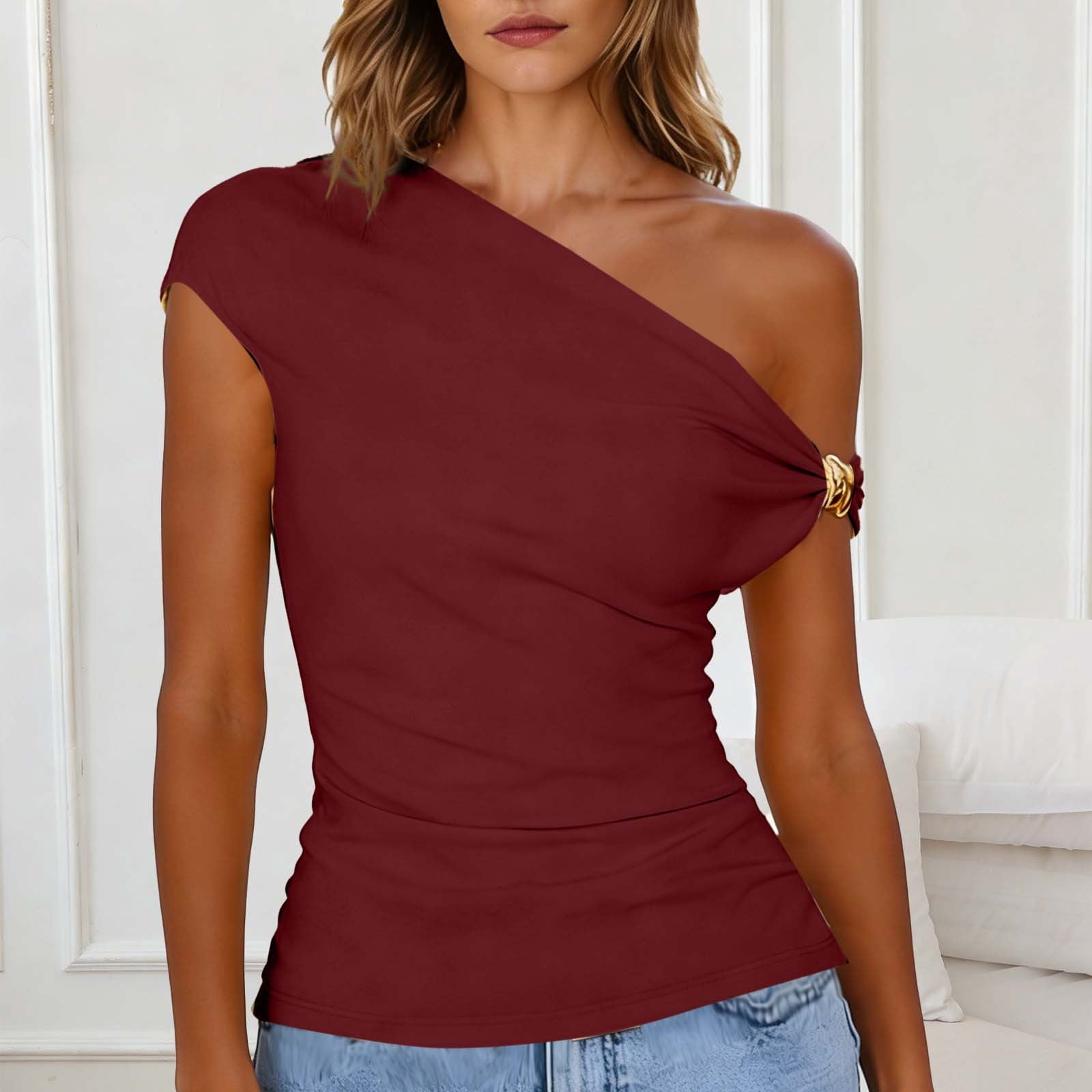 Aobny Plain Women T Shirts Asymmetrical One Shoulder T Shirt Red Short ...