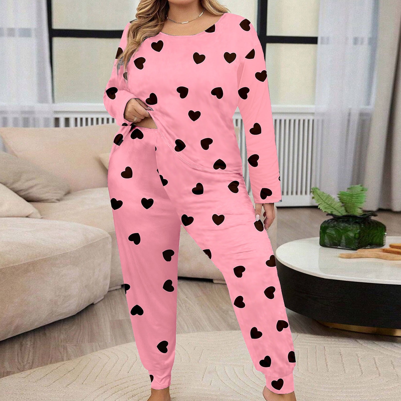 Aobny Plus Size Home Women's Plus Pajamas Pink Sets Taper Love Crew ...