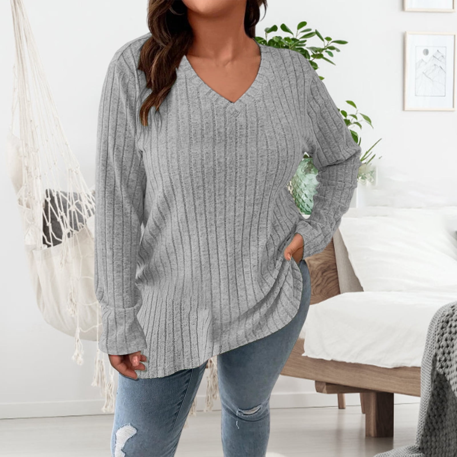 Aobny Plus Size Women Blouses Gray Ribbed Blouses & Tops Long Sleeve V ...