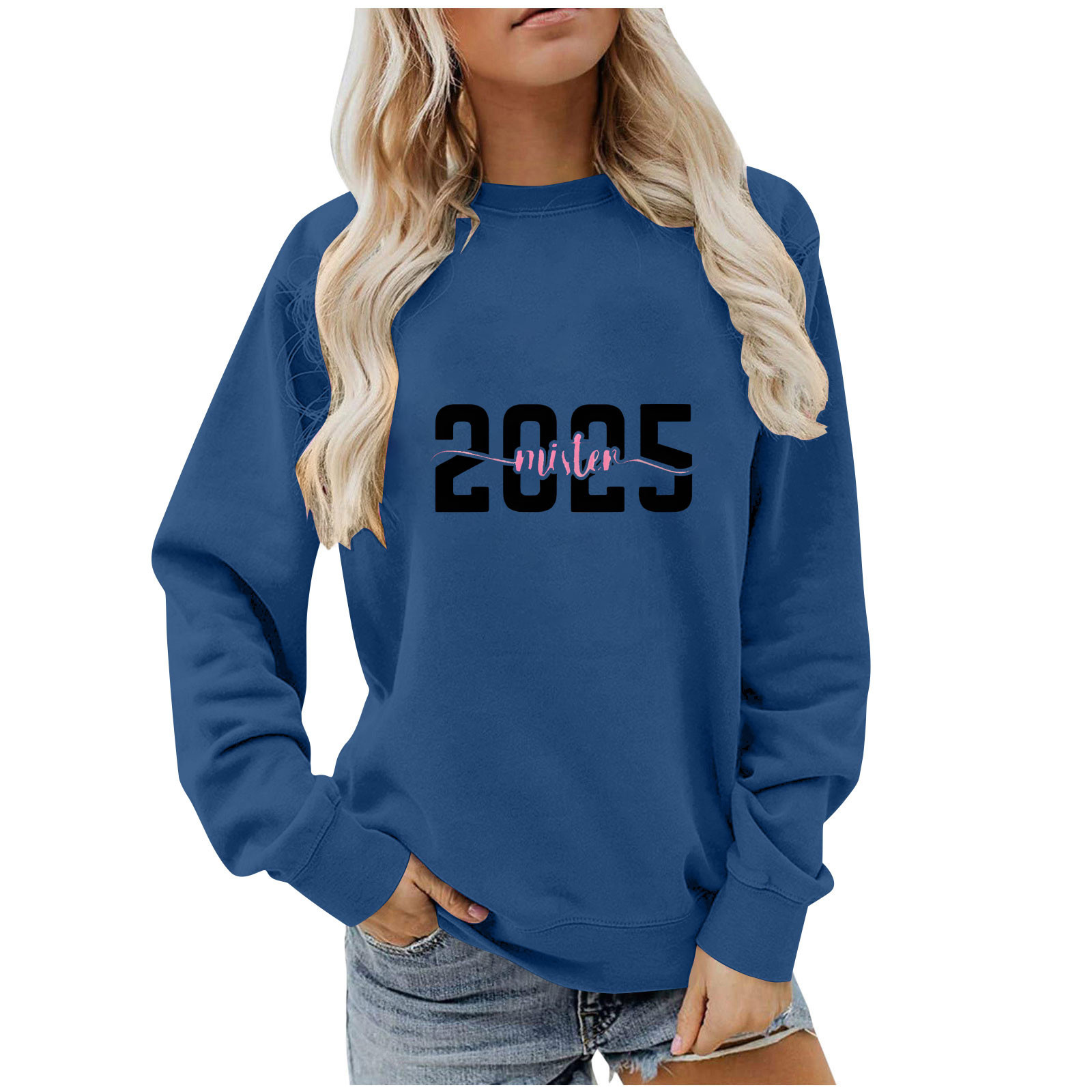 Aobny Plus Size Womens Sweatshirts New Year Blue Polyester Crew Neck ...