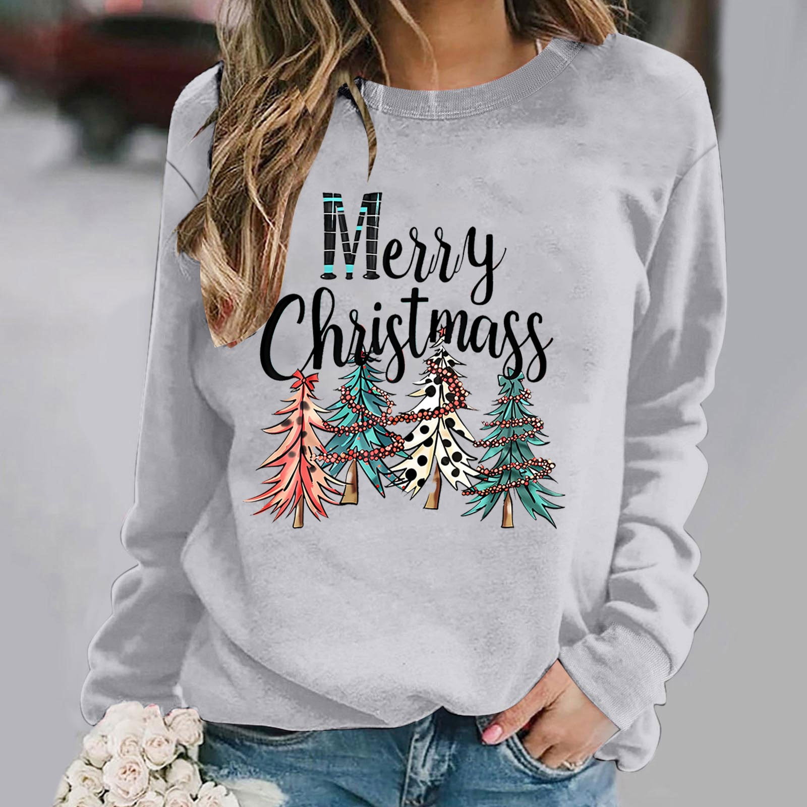 Aobny Pretty Outerwear Sweatshirts For Woman Christmas Gray Crew Neck