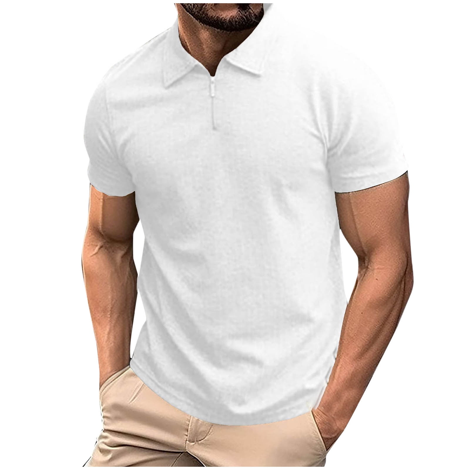 Aobny Pullover Fall Shirts Short Sleeve Golf White Collared T Shirts Polos Men Zip-Up Plain ...