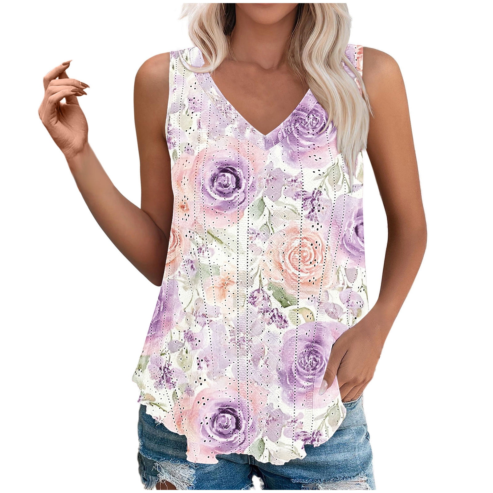 Aobny Purple Soft Casual Women's Tank Tops Eyelet Peasant Tops Floral V ...