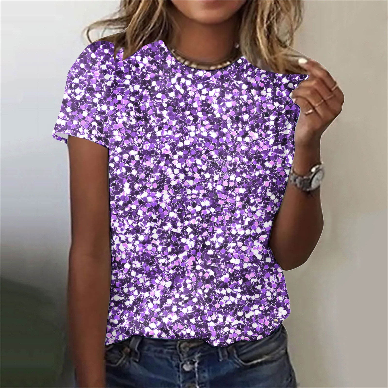 Aobny Purple Women's Casual T-Shirt Spring Plus Size Tops Crew Neck ...