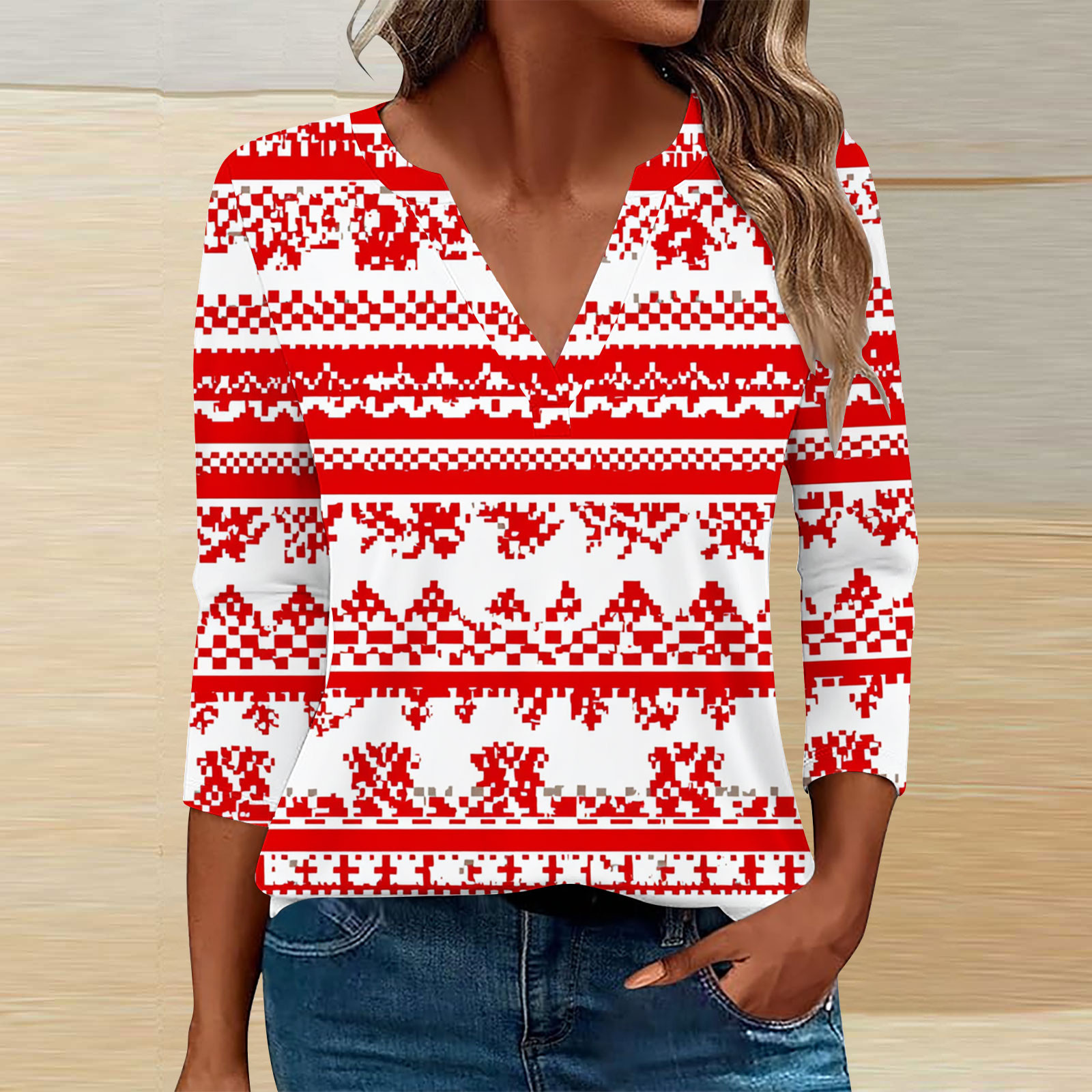 Aobny Red 70s Outfits for Women V-Neck Christmas 3/4 Sleeve Blouses ...