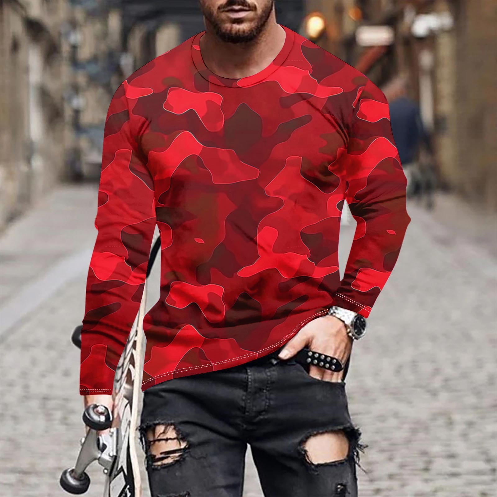 Aobny Red Party Tops Crew Neck Long Sleeve Muscle Slim T Shirts Camo ...