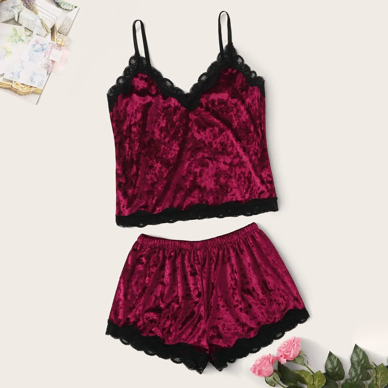Aobny Red Soft Pajamas for Women's Casual Fleece Sleepwear Sets Lace ...