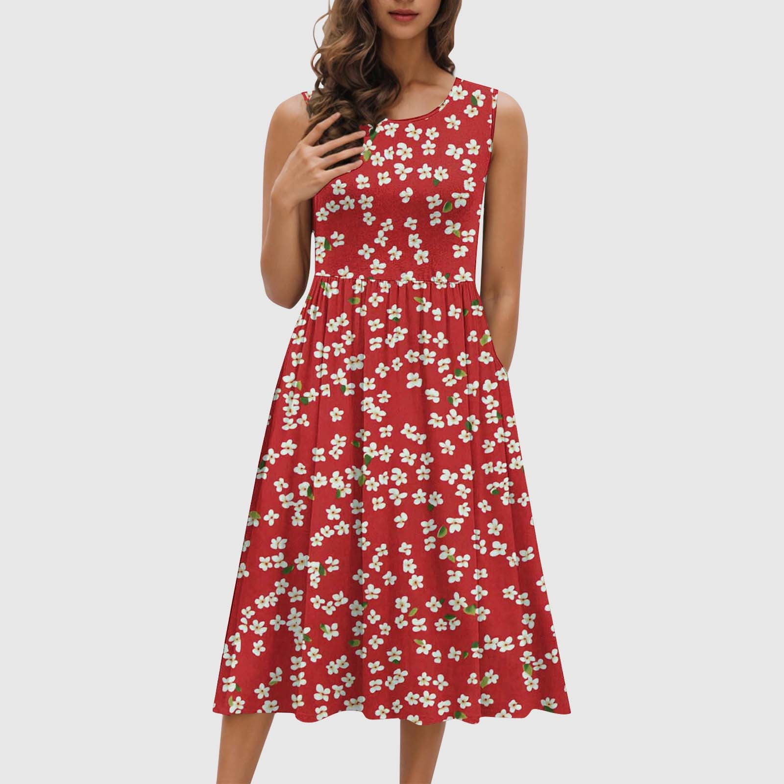 Aobny Red Summer Dresses for Women 2025 Ruched Sunday Sundress Midi ...