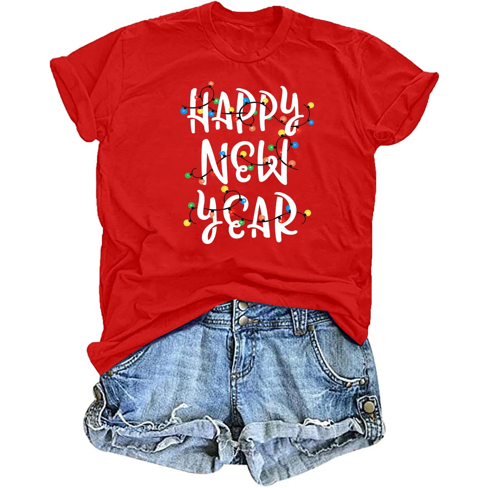 Aobny Red Women's Casual T-Shirt Party Oversized Tees New Year Crew ...