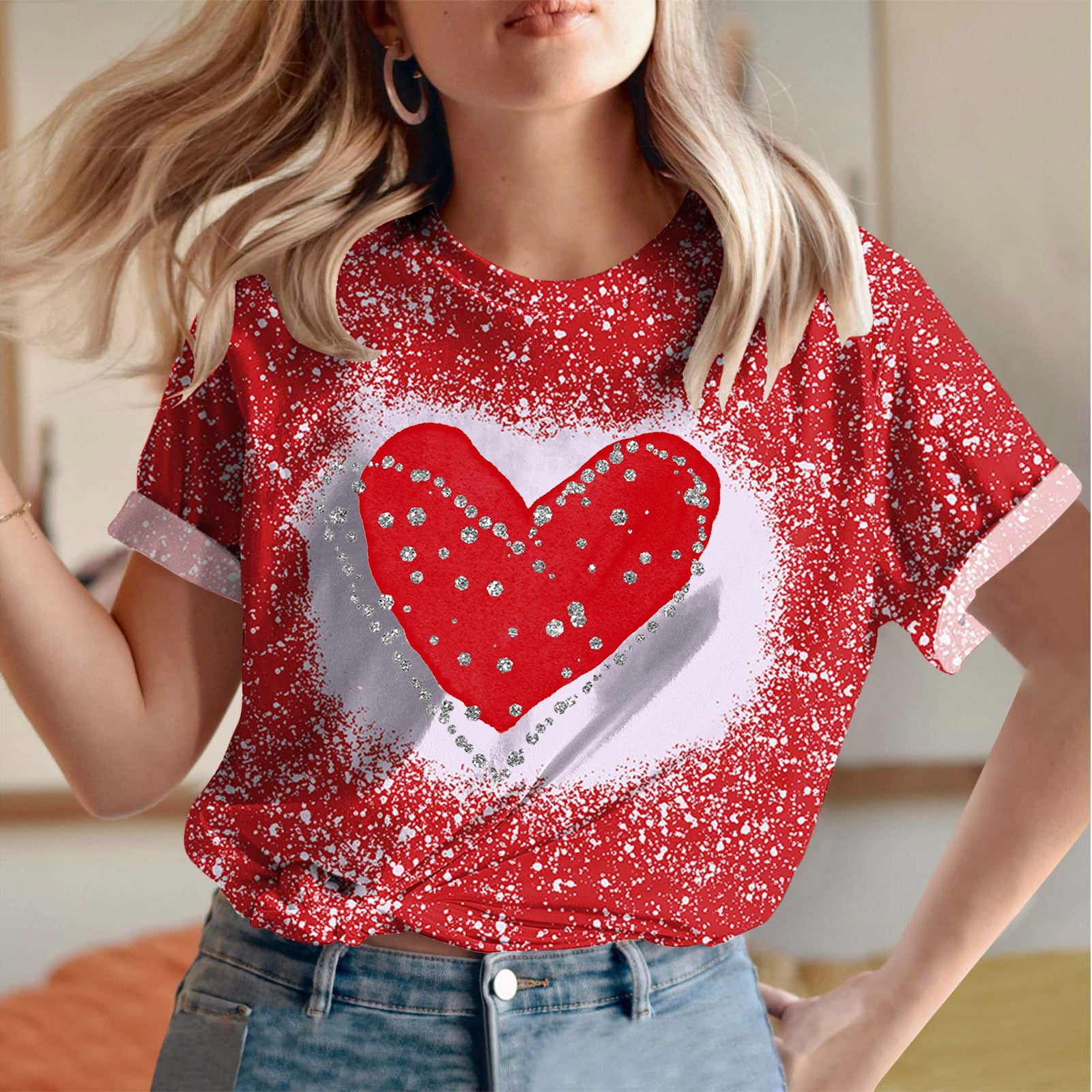 Aobny Red Women's Plus Casual T-Shirt Oversize Comfy Tees Crew Neck ...