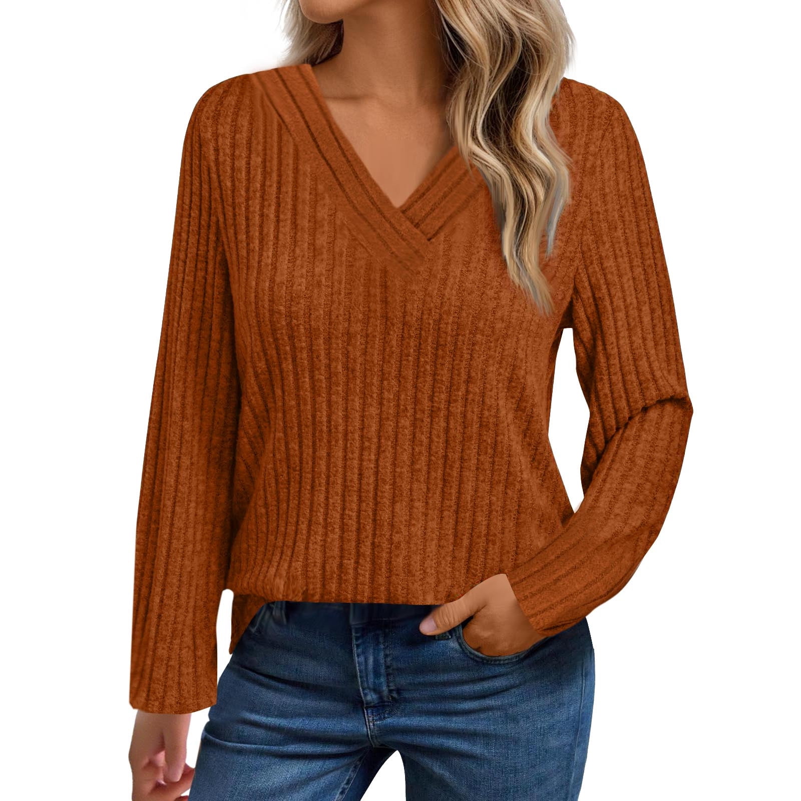 Aobny Ribbed Y2k Tops V-Neck Long Sleeve Women Orange Tees Knitted ...