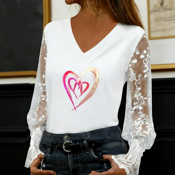 Aobny See Through Womens Plus Size Blouses Love Heart T-shirts Long ...
