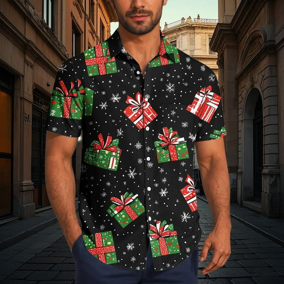 Aobny Short Sleeve Graphic Tee Collared Christmas Oversized Black ...