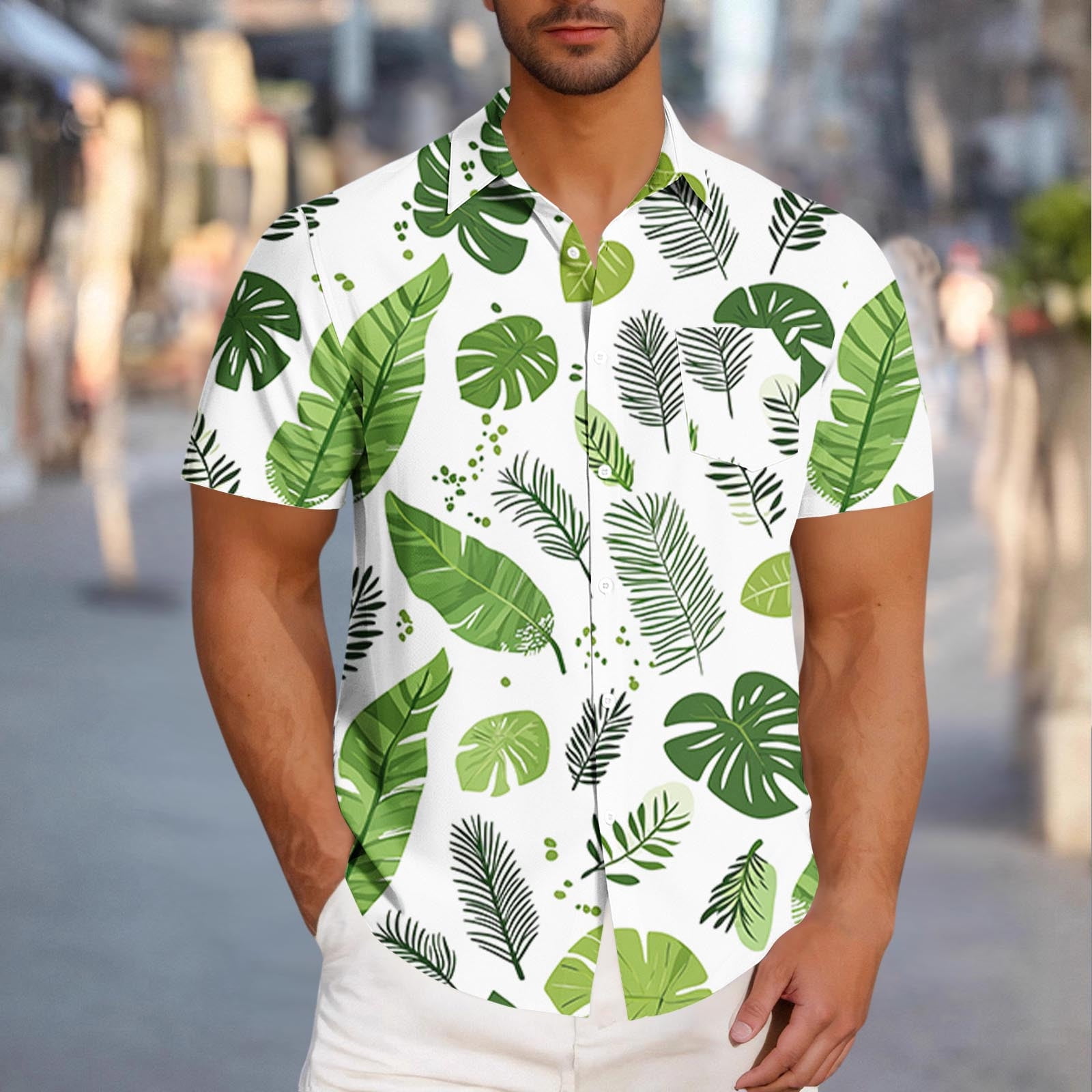 Aobny Short Sleeve Mens Shirts Summer Green Collared Hawaiian Tees ...