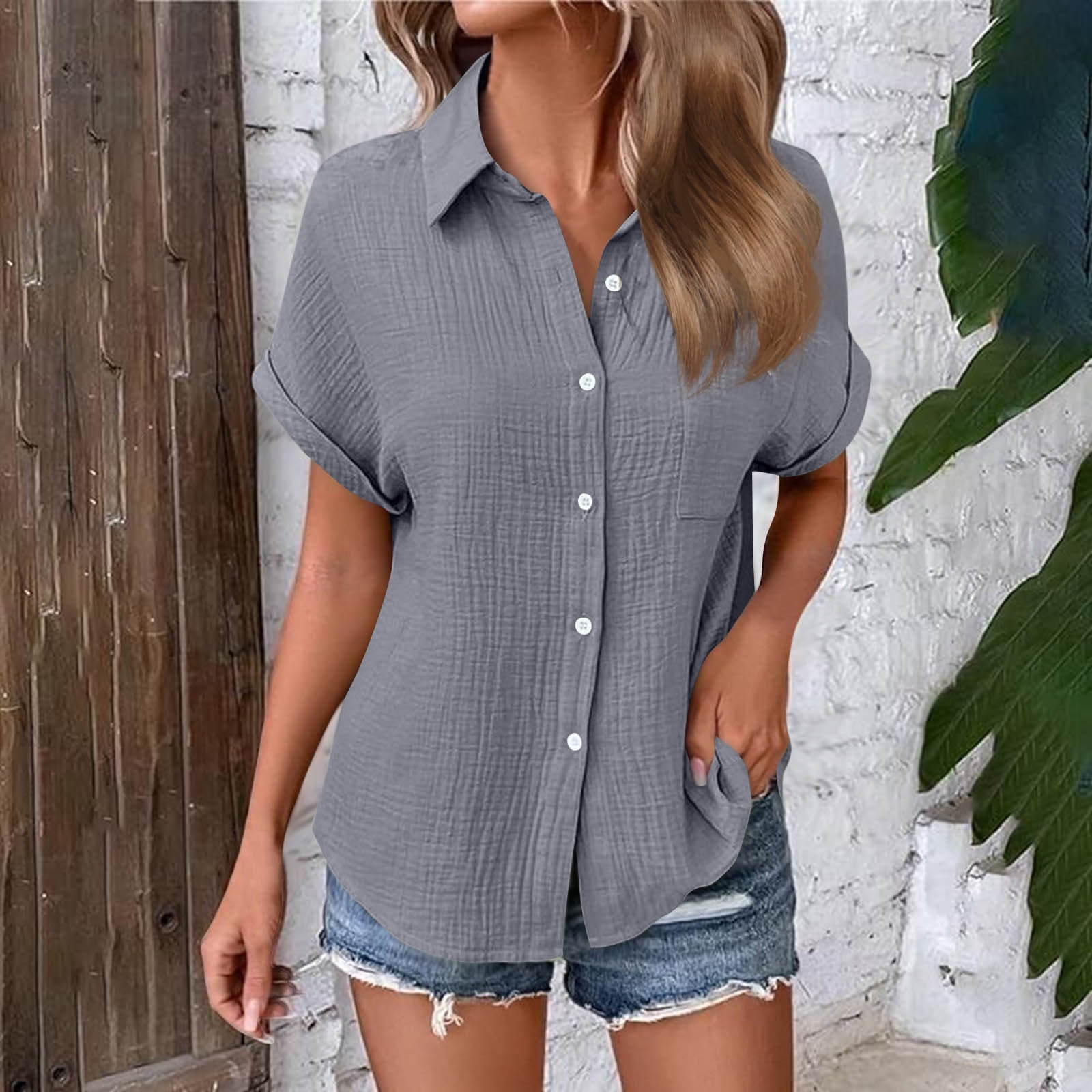 Aobny Short Sleeve Workout Tops for Women Gray Collared with Pocket ...
