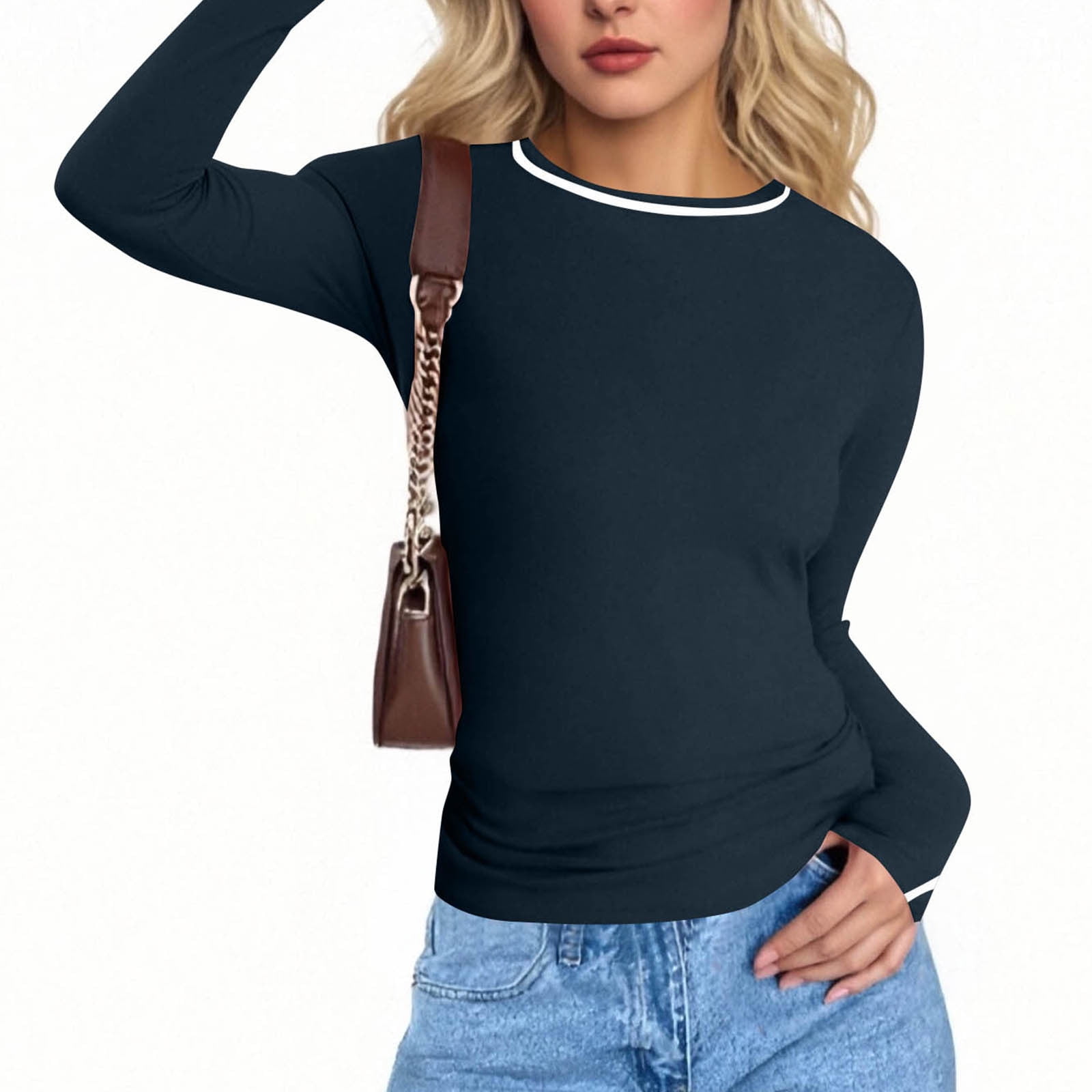 Aobny Slim Casual Tops for Women Long Sleeve Basic High Neck Navy Blue Clothes 2000s Tops,S ...
