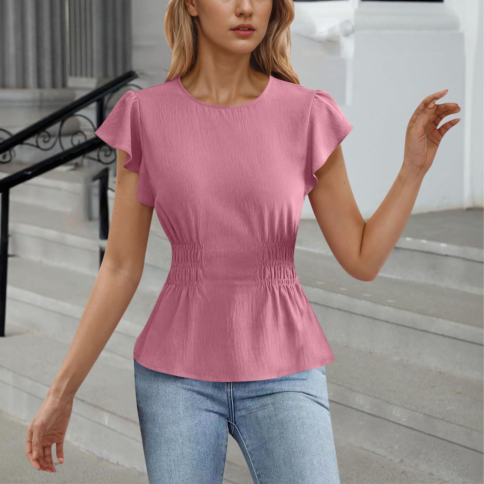Aobny Slimming Women Casual Tops Pink Peplum Crew Neck Short Sleeve Cap ...