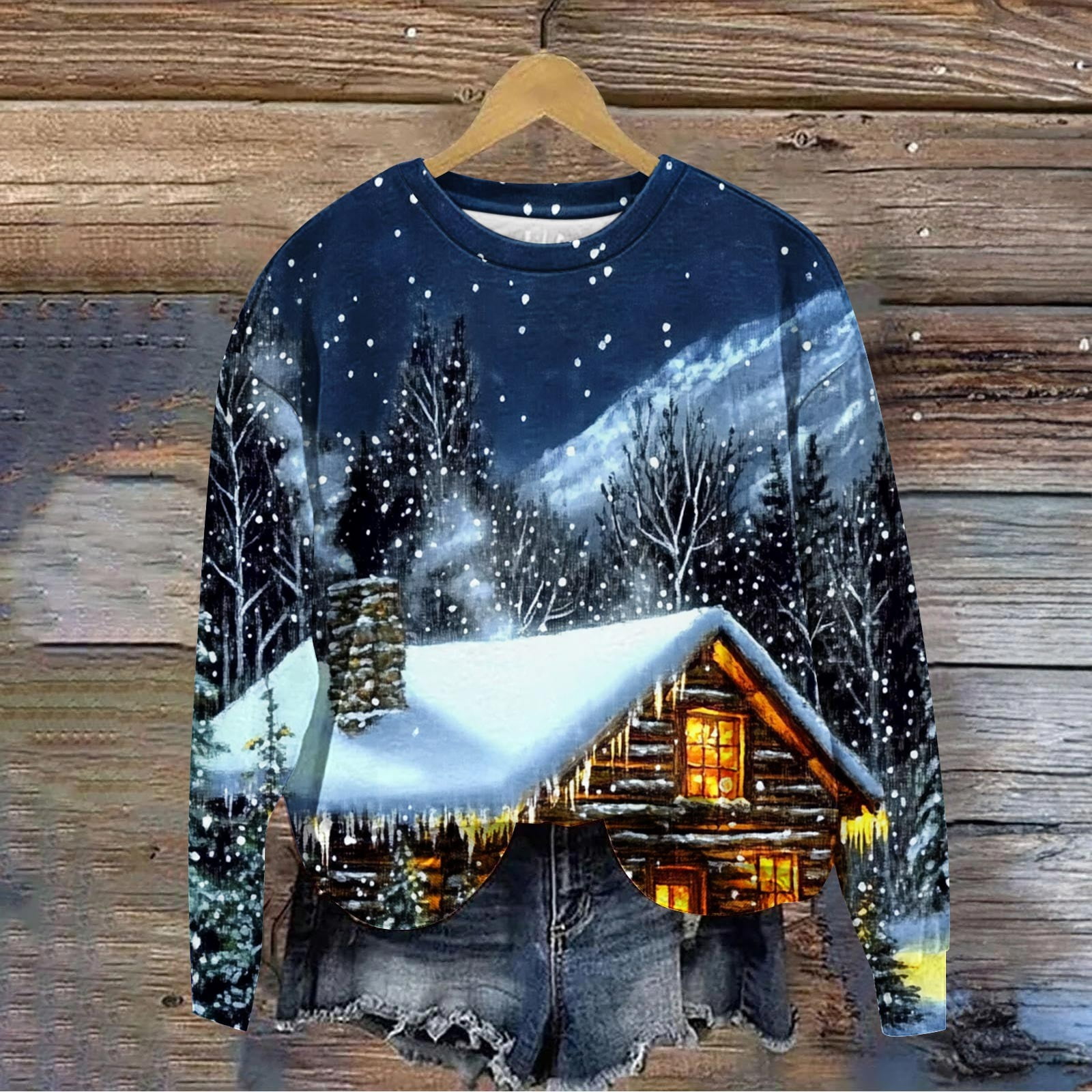 Aobny Soft Womens Sweatshirts Blue Santa Christmas Crew Neck Long
