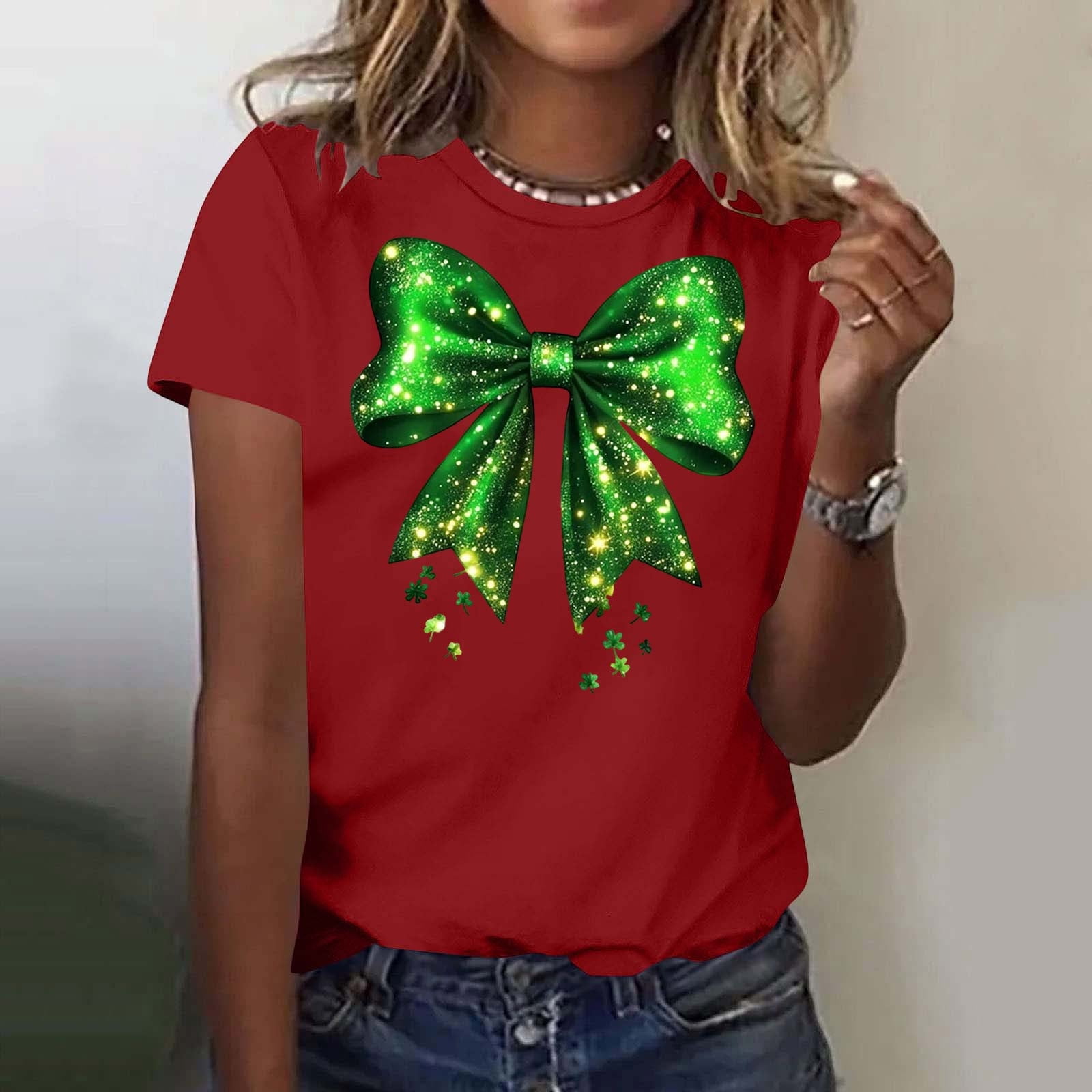 Aobny St Patrick's Blouse Bow Womens Tops Crew Neck Short Sleeve Red ...