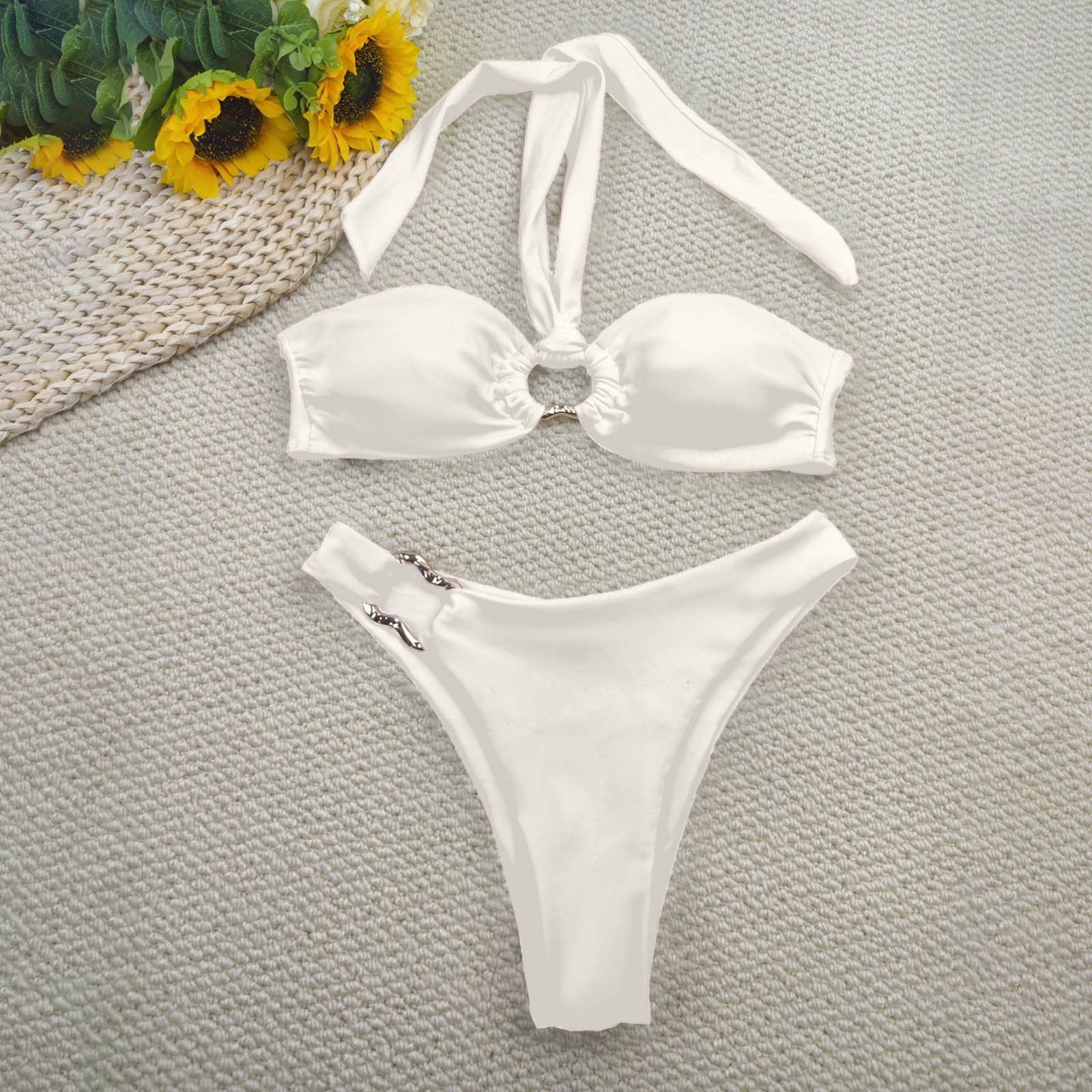 Aobny Stretch Women's Swimsuit Sets 2 Piece White Rings Swimwear Sets ...