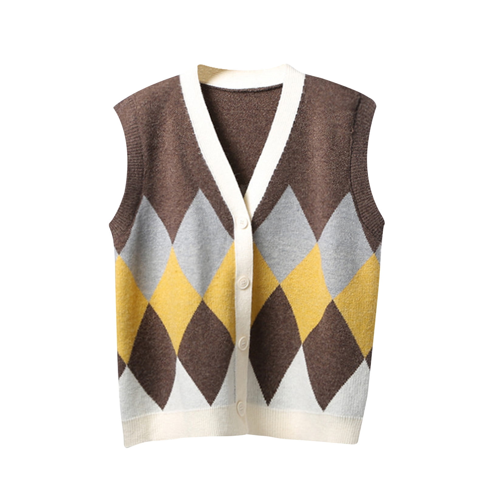 Aobny Sweater Vest Trendy Sweaters for Women Yellow Argyle Button Up ...