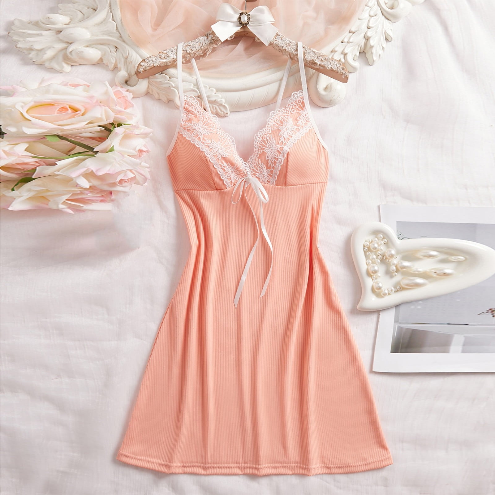 Aobny Thin Moo Moos for Women Nightgown Lace Short Sleep Shirt Halter ...