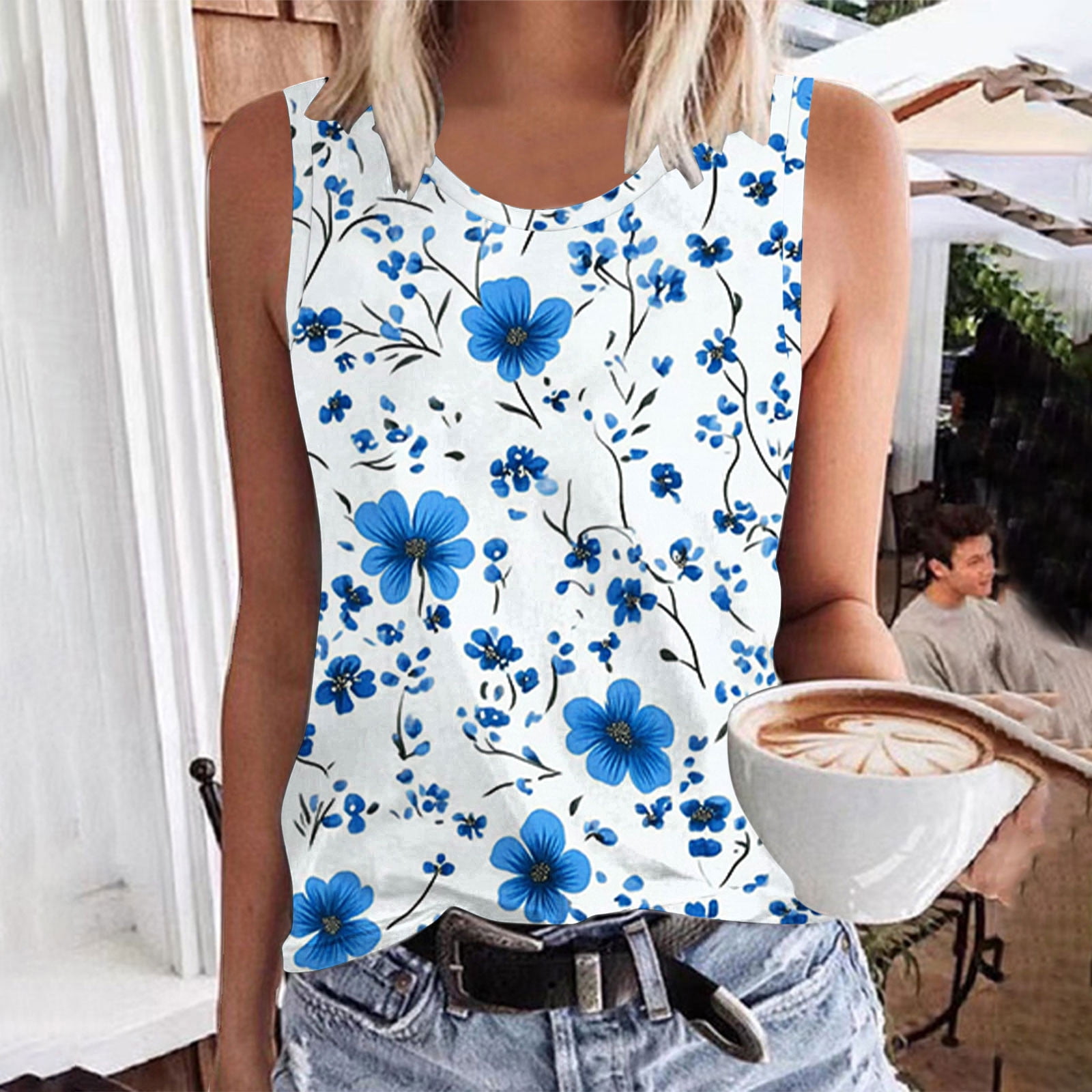 Aobny Trendy Casual Women's Tank Tops Plus Size Peasant Tops Floral ...