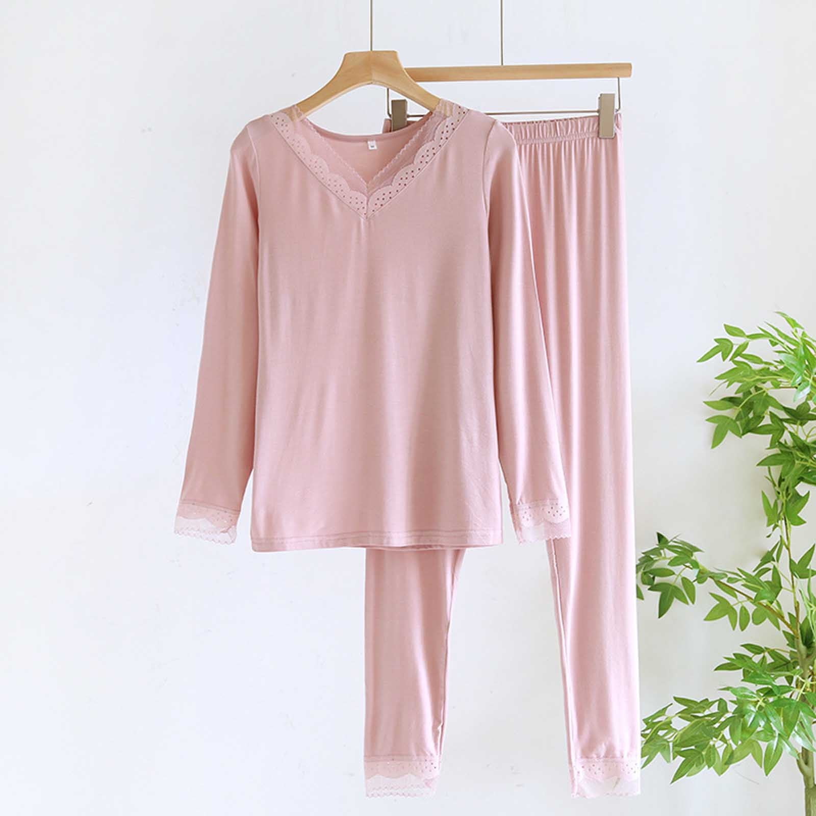 Aobny Trendy Sleep Pajamas for Women's Lace Pink Sleepwear Sets Slim ...