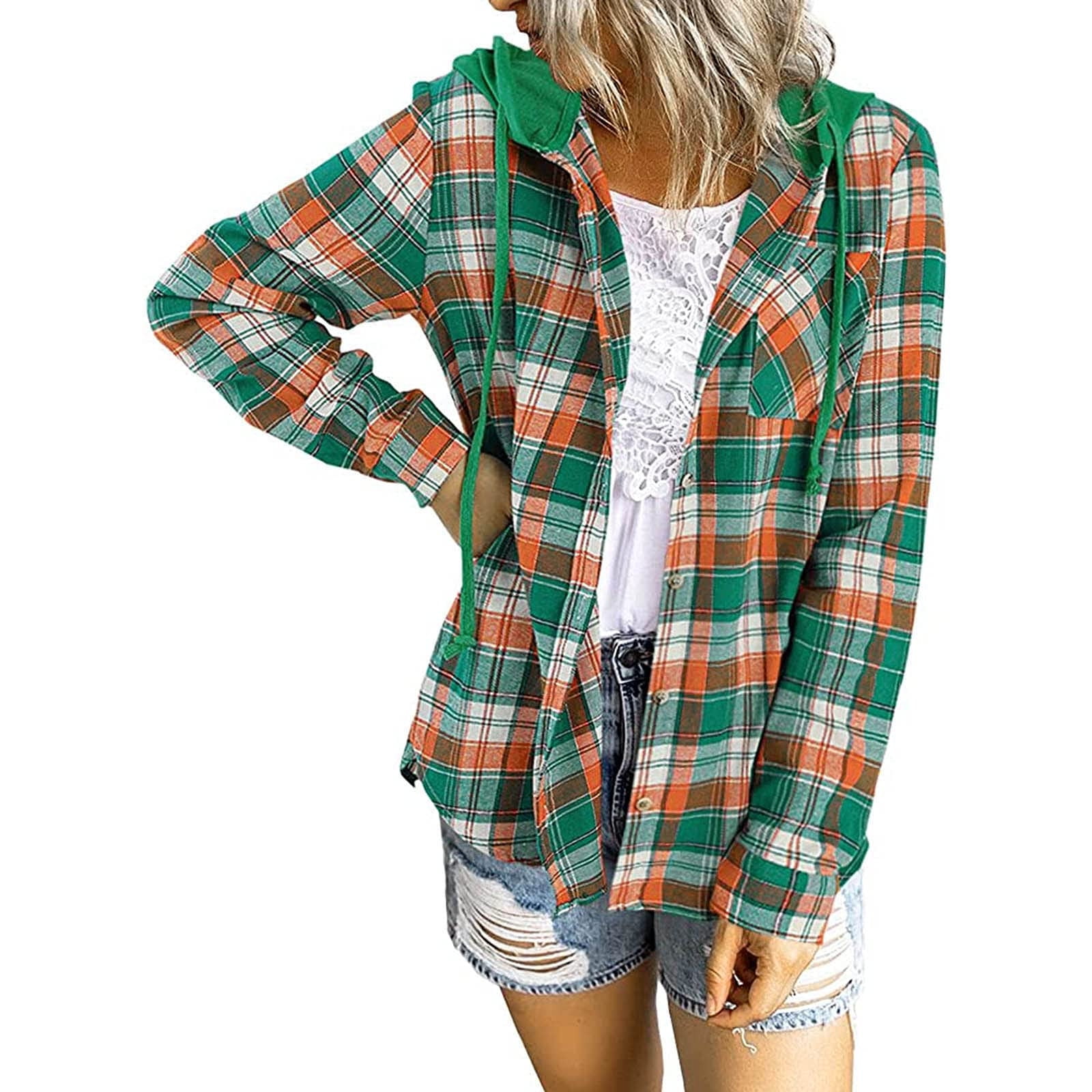 Aobny Trendy Tops for Women Shirt Green Hooded Plaid Long Sleeve Button ...