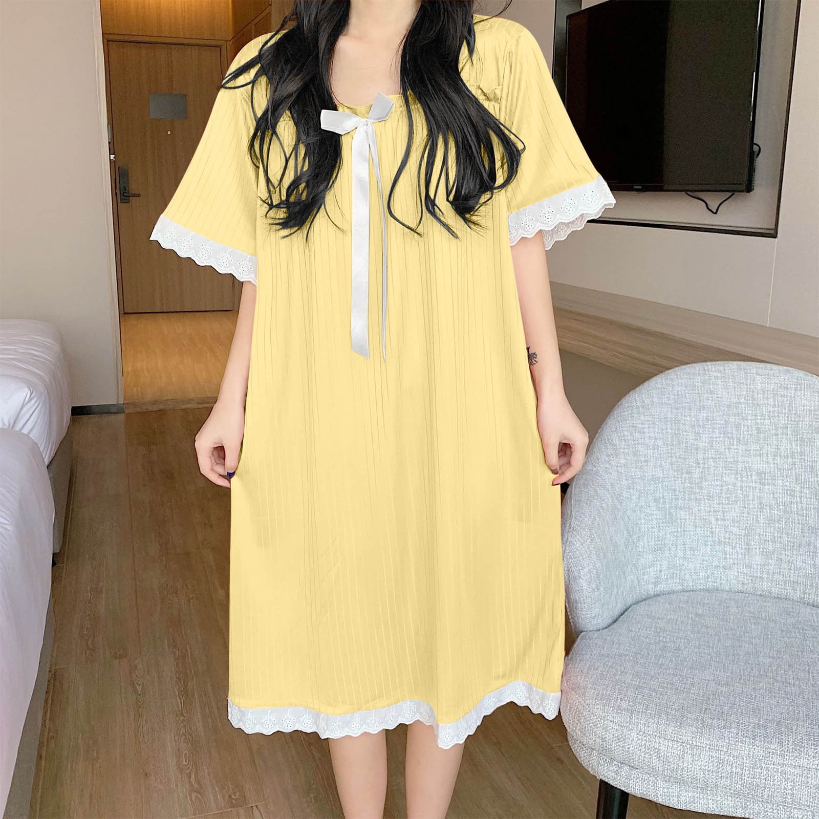 Aobny Trendy Women's Nightgowns Moomoo Yellow Ribbed Nightgowns Long V ...