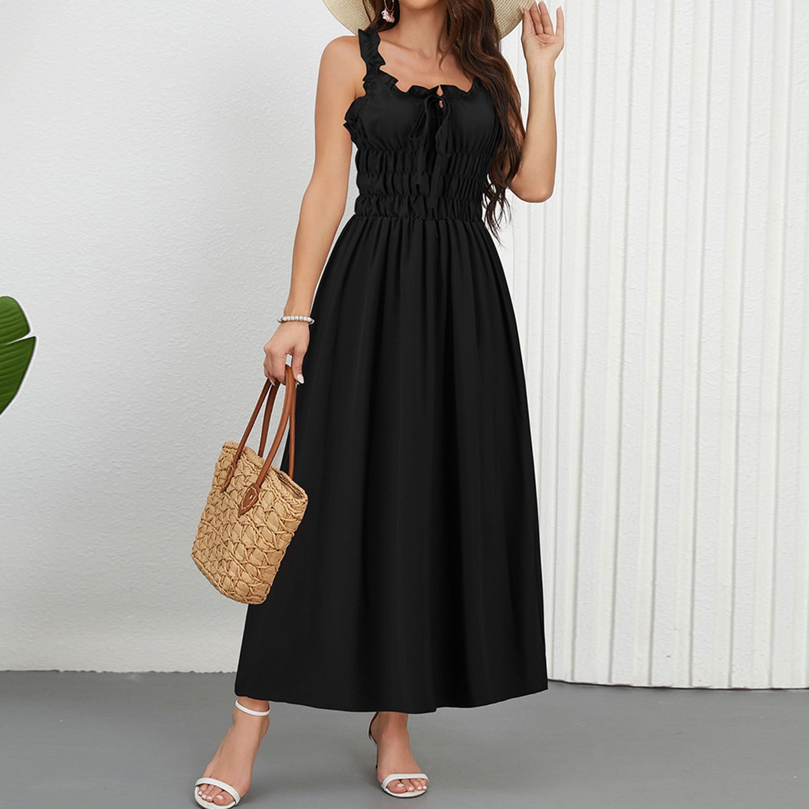 Aobny Tummy Control Womans Dresses Black Ruched A-Line Sleeveless Midi ...