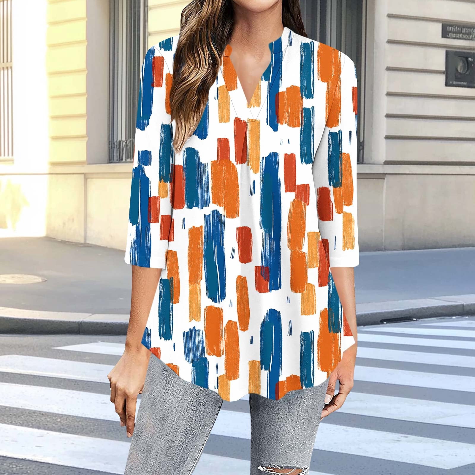 Aobny Tunic Tops for Women Trendy Summer Orange Shirt Graphic V-Neck 3/ ...