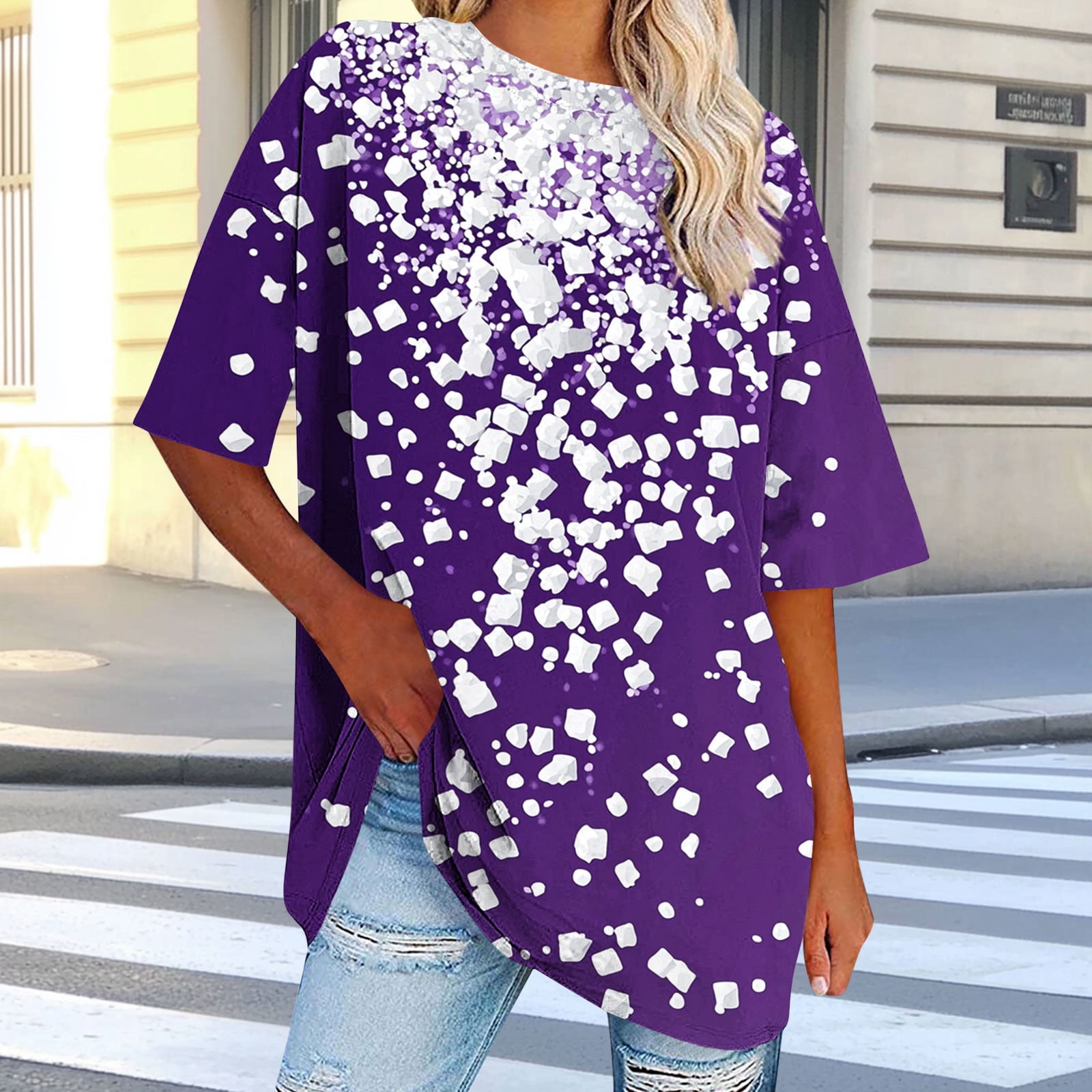 Aobny Tunic Womens Trendy Tops Oversized Purple T-Shirt Crew Neck Elbow ...